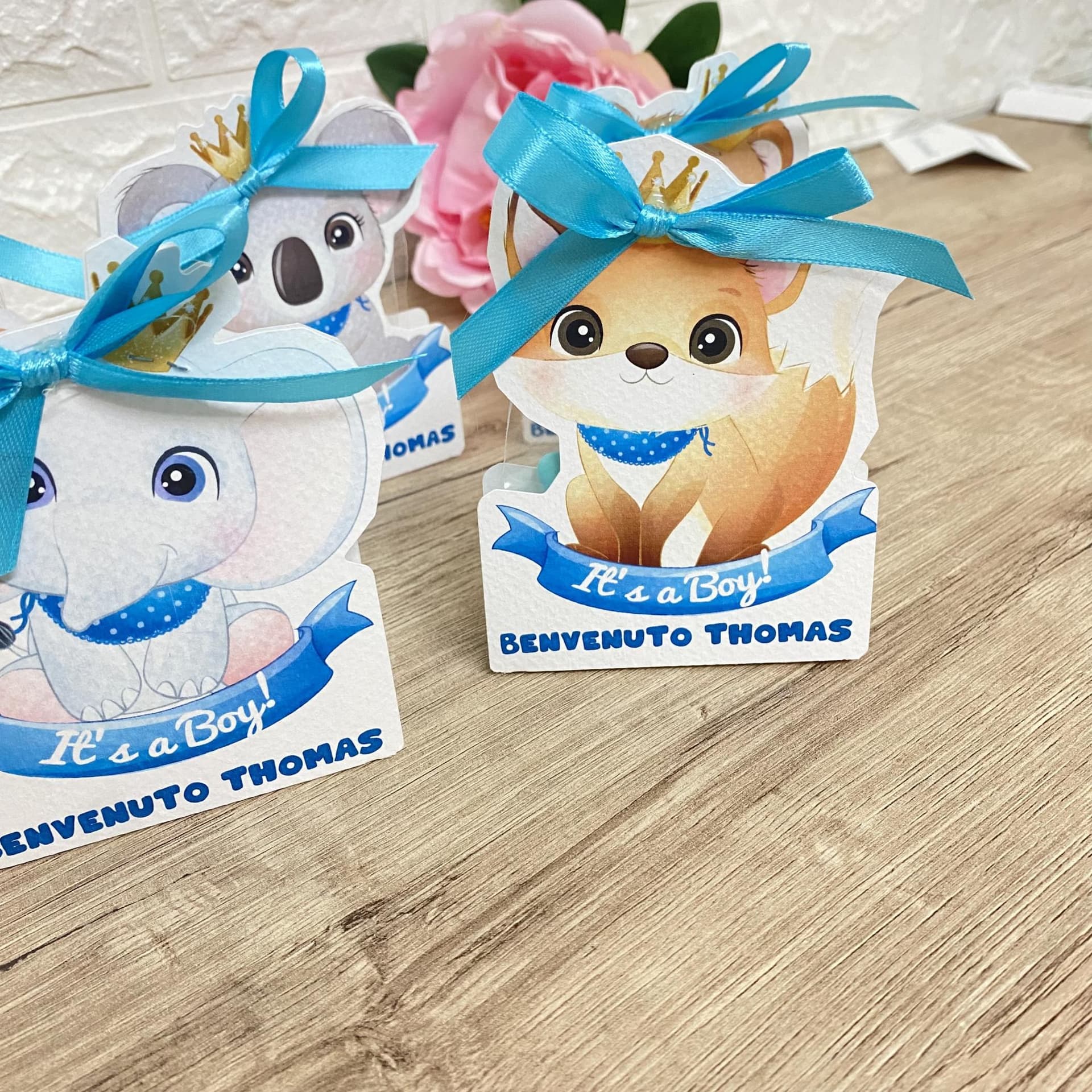 Scatoline Animali Safari blu con corona porta confetti | Fiocchi di Gioia