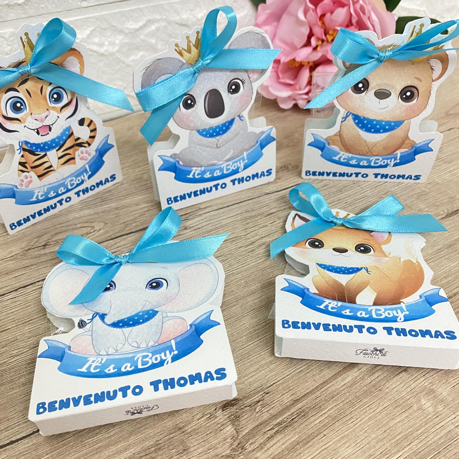 Scatoline Animali Safari blu con corona porta confetti | Fiocchi di Gioia