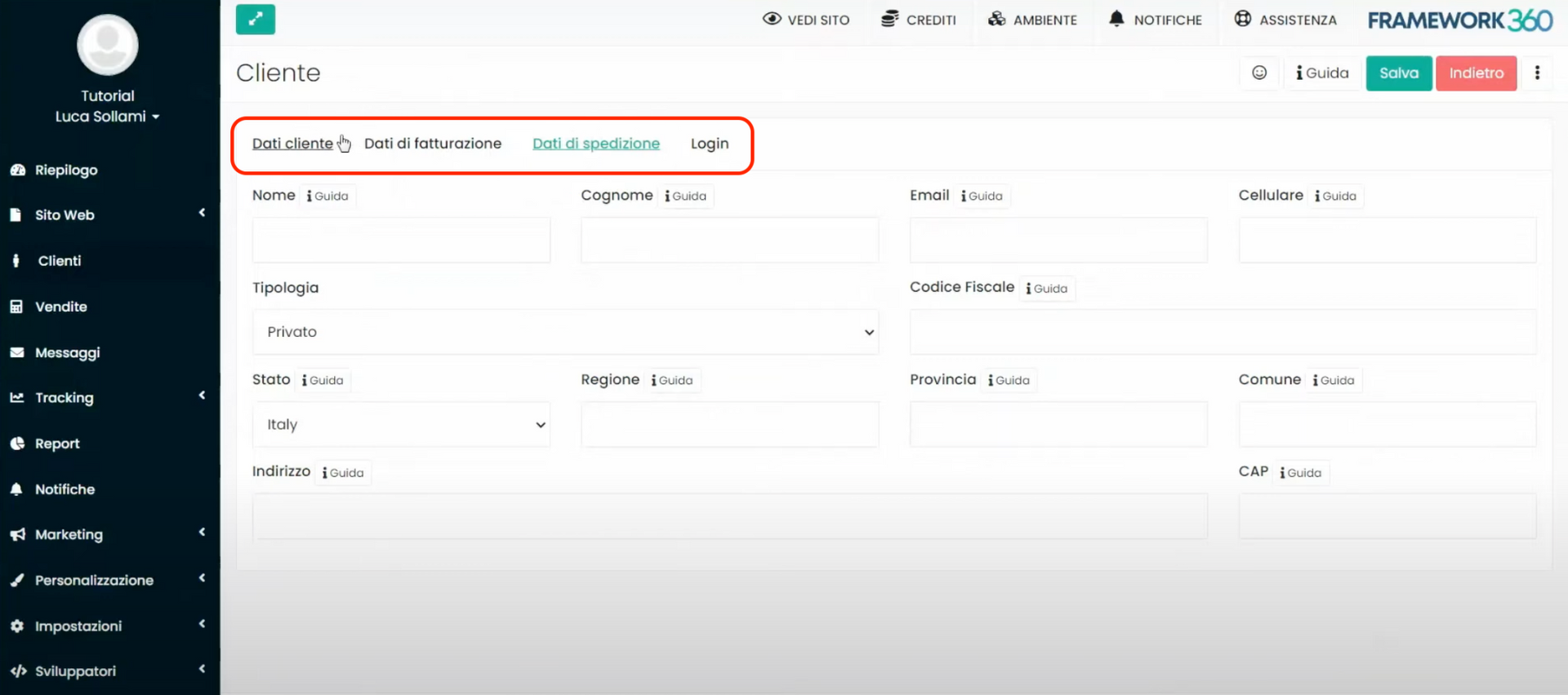 Aggiungere anagrafica cliente | Framework360