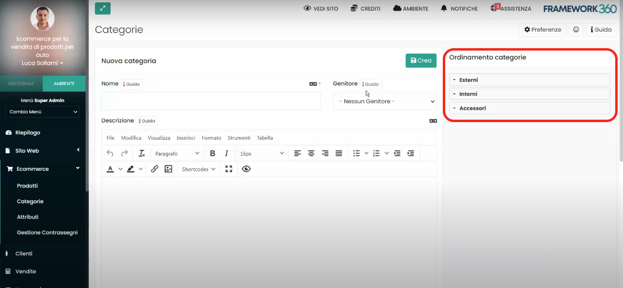 Creare categorie e sotto categorie Ecommerce | Framework360