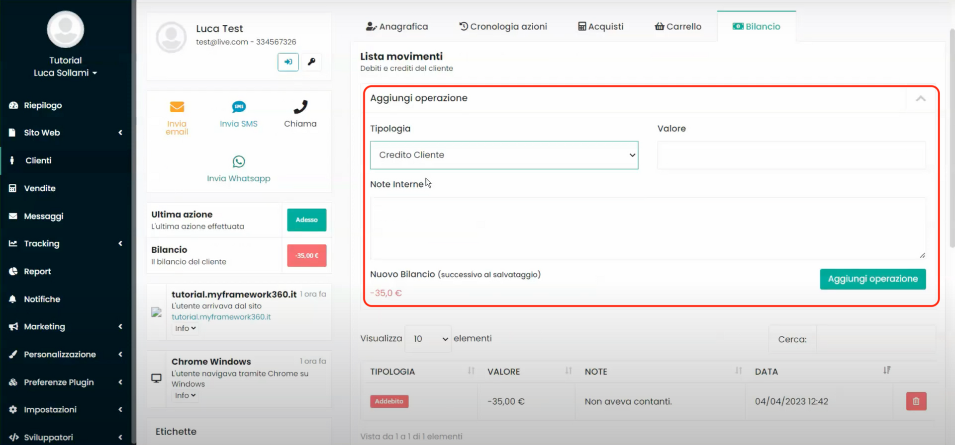 Plugin Bilancio clienti | Framework360